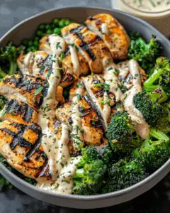 Grilled Chicken & Broccoli Bowls with Creamy Garlic Sauce | Laura Cooks